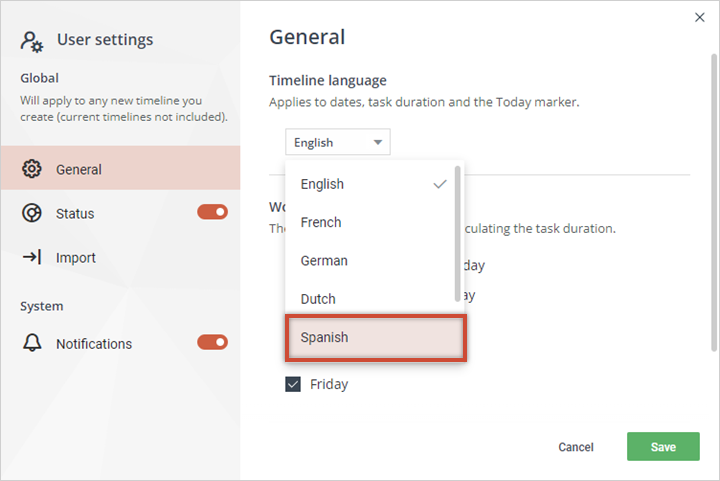 Change the language of your timeline