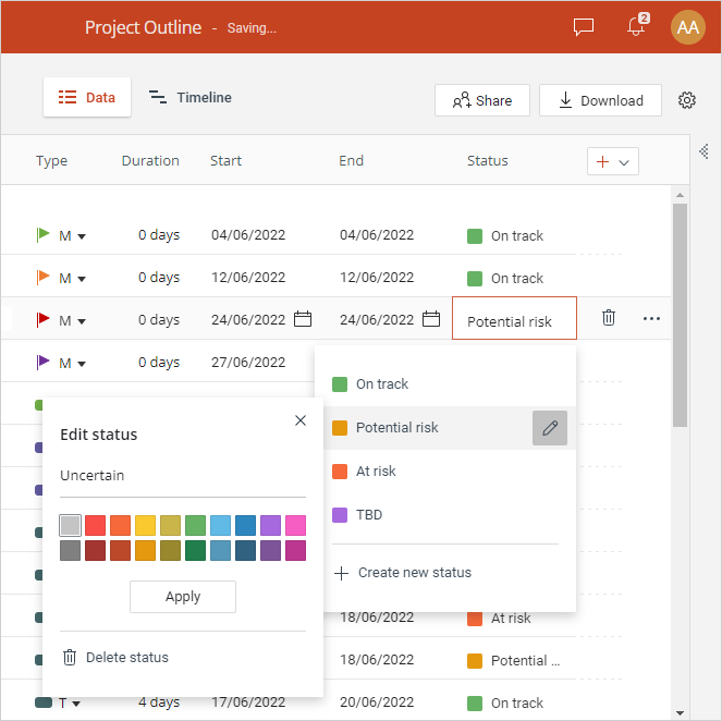 How to add and manage task and milestone statuses