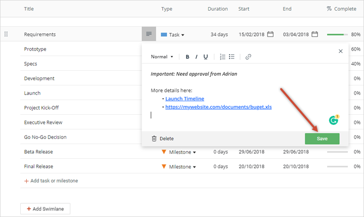 How to add notes to milestones or tasks