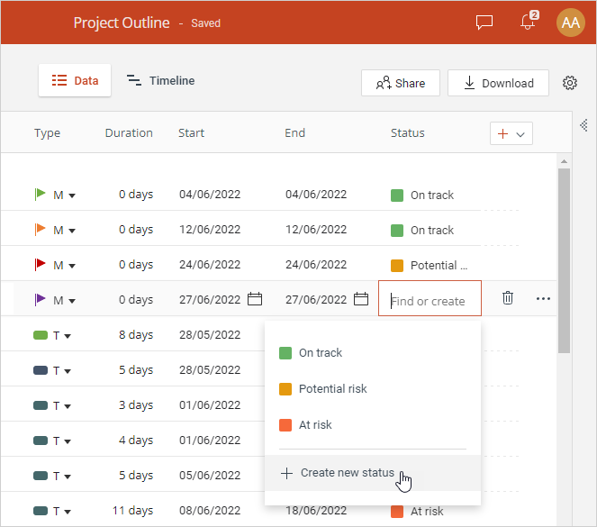 How to add and manage task and milestone statuses