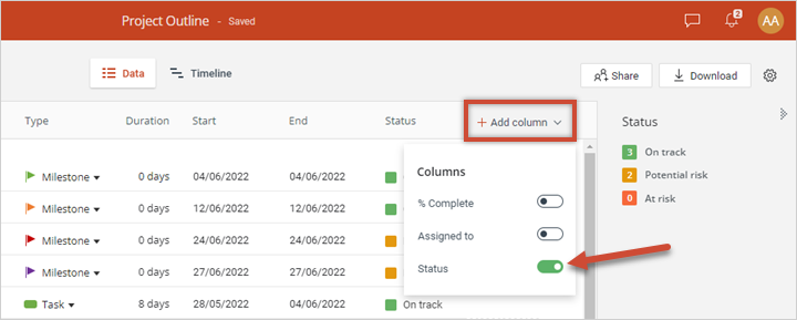 How to add and manage task and milestone statuses